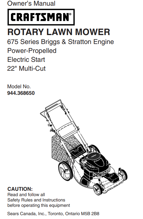 944.368650 Owner's Manual for Craftsman 22" Self Propelled Lawn Mower ...