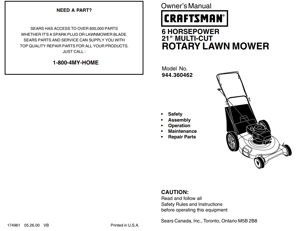 944.360462 Craftsman Rotary Lawn Mower — DR Mower Parts