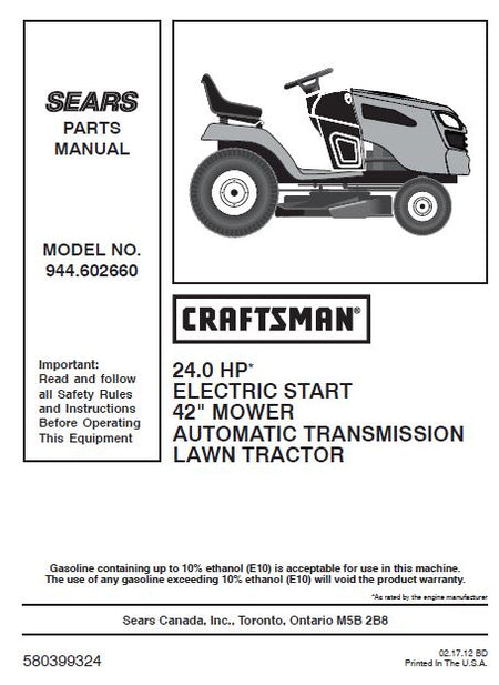 944.602660 Manual for Craftsman 24.0 HP 42" Lawn Tractor — DR Mower Parts