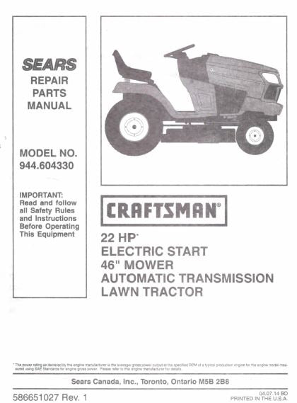 944.604330 Parts Manual for Craftsman 22 HP 46" Lawn Tractor — DR Mower ...